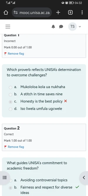 UNISA Academic Integrity Unit 1 Formative Assessment Results - Studocu