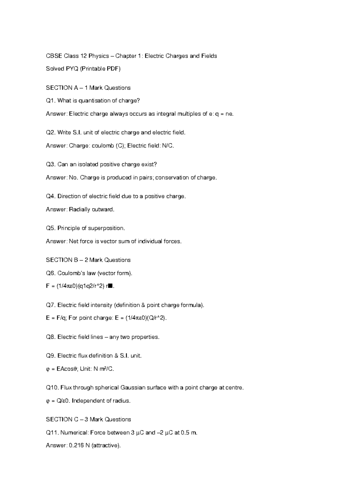 CBSE Class 12 Physics Chapter 1: Electric Charges & Fields PYQ Solved ...