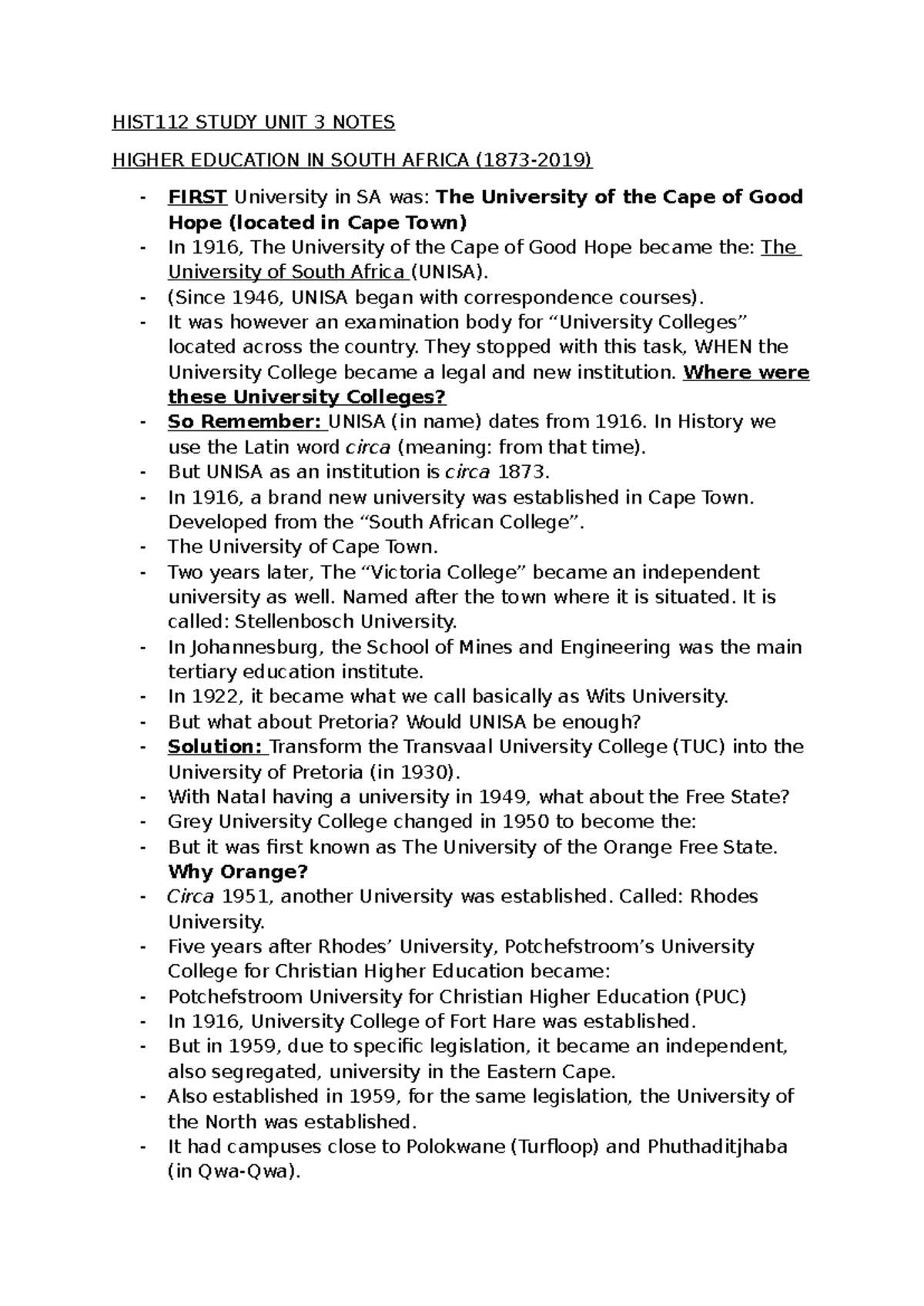 HIST112 Study Unit 3: Higher Education in South Africa Overview - Studocu
