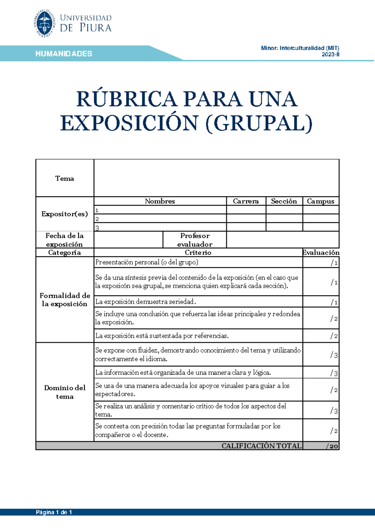 MIT Rúbrica para Exposición Grupal en Interculturalidad - Studocu