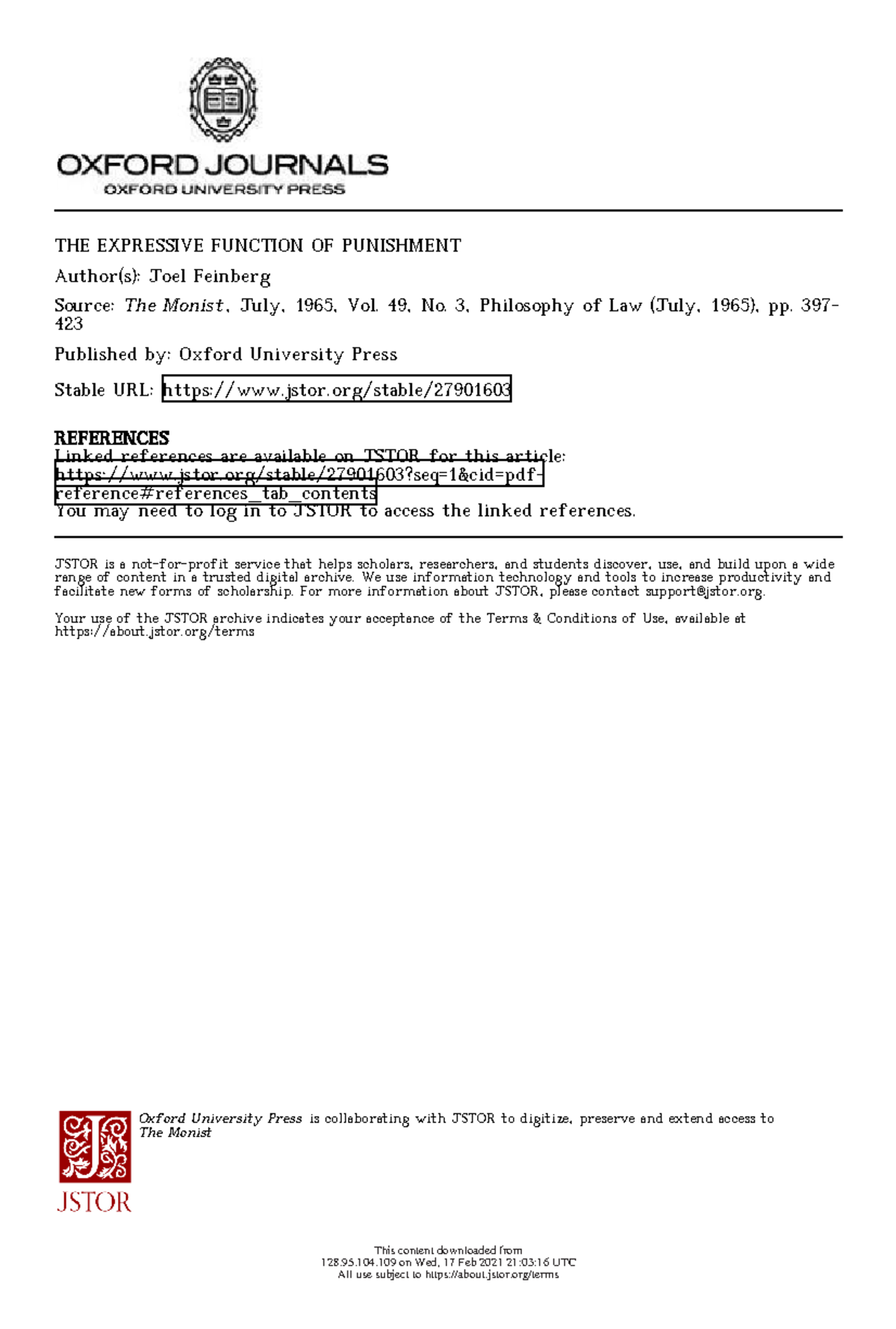 Feinberg PHIL 101 Lecture: The Expressive Function of Punishment - Studocu