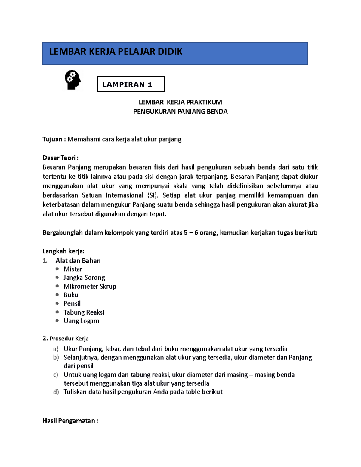 Lampiran LKPD Pengukuran Panjang dan Penilaian Alat Ukur - Studocu