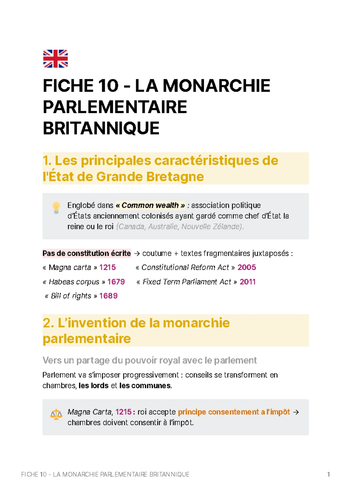Fiche 10 - LA Monarchie Parlementaire Britannique - FICHE 10 - LA ...
