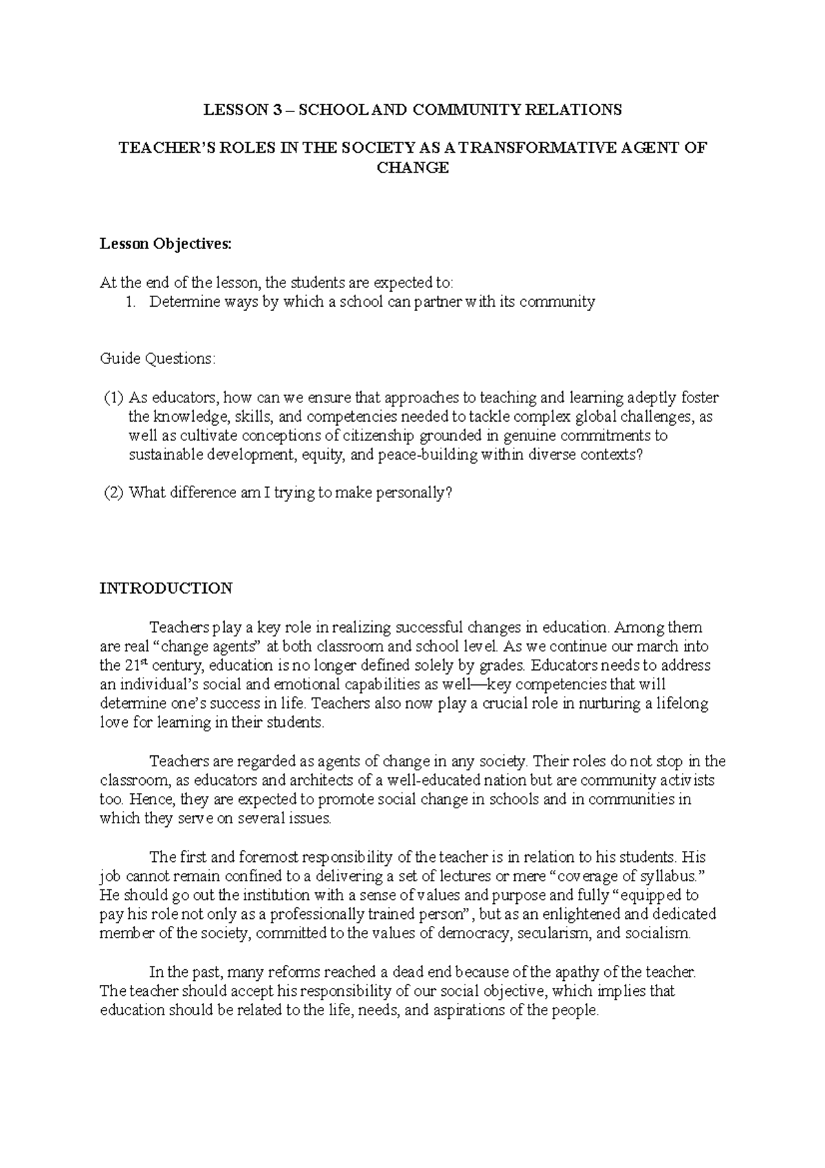 Chapter 2 Lesson 3: The Role of Teachers in School-Community ...