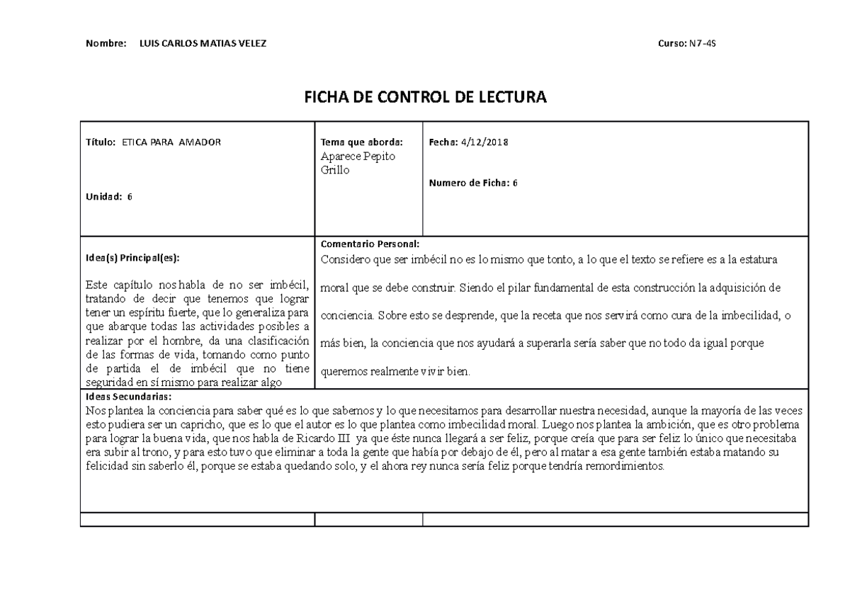 Ficha DE Control DE Lectura - Nombre: LUIS CARLOS MATIAS VELEZ Curso: N7-4S FICHA DE CONTROL DE ...