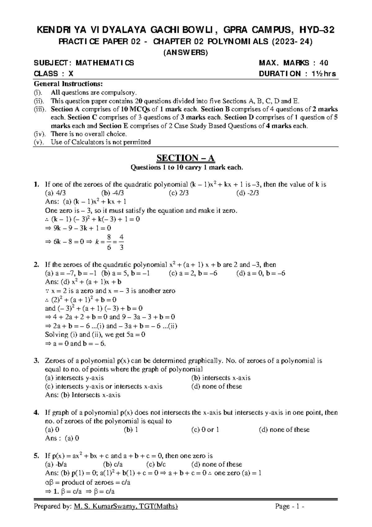 Maths Class X Chapter 02 Polynomials Practice Paper 02 Answers - Studocu