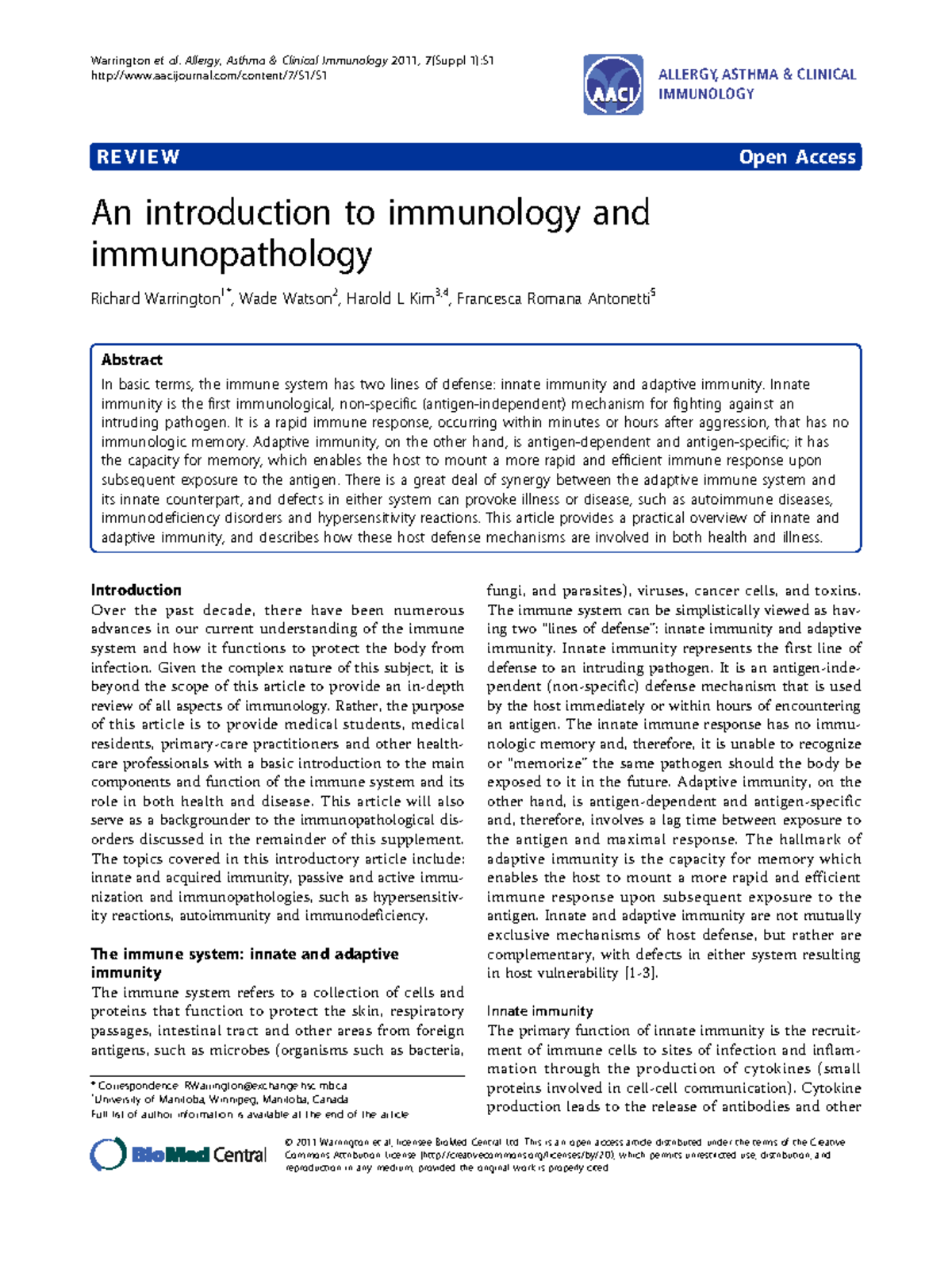 Introduction to Immunology and Immunopathology (BIOL 101) - Studocu