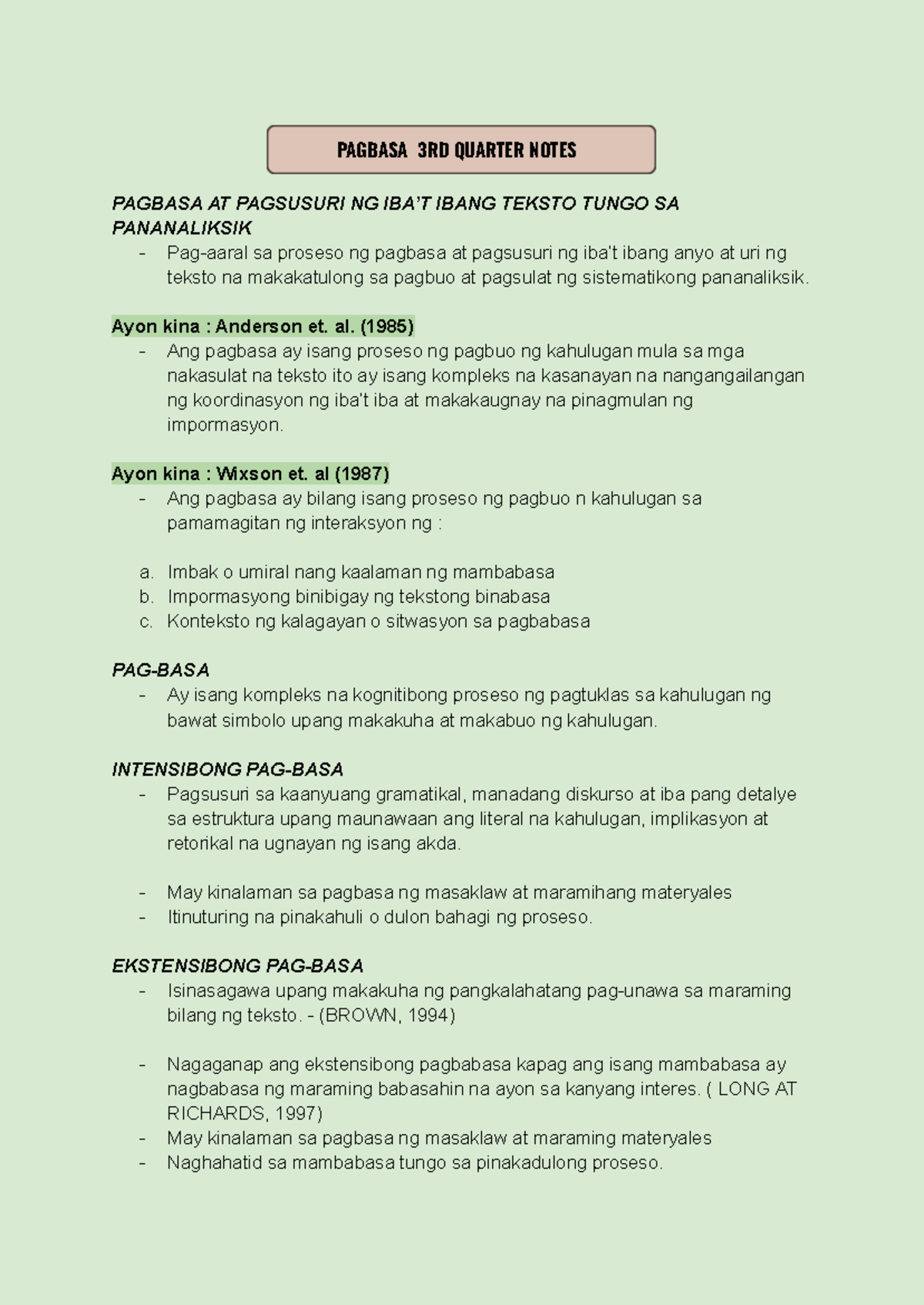Pagbasa Notes - reviewers - PAGBASA 3RD QUARTER NOTES PAGBASA AT ...
