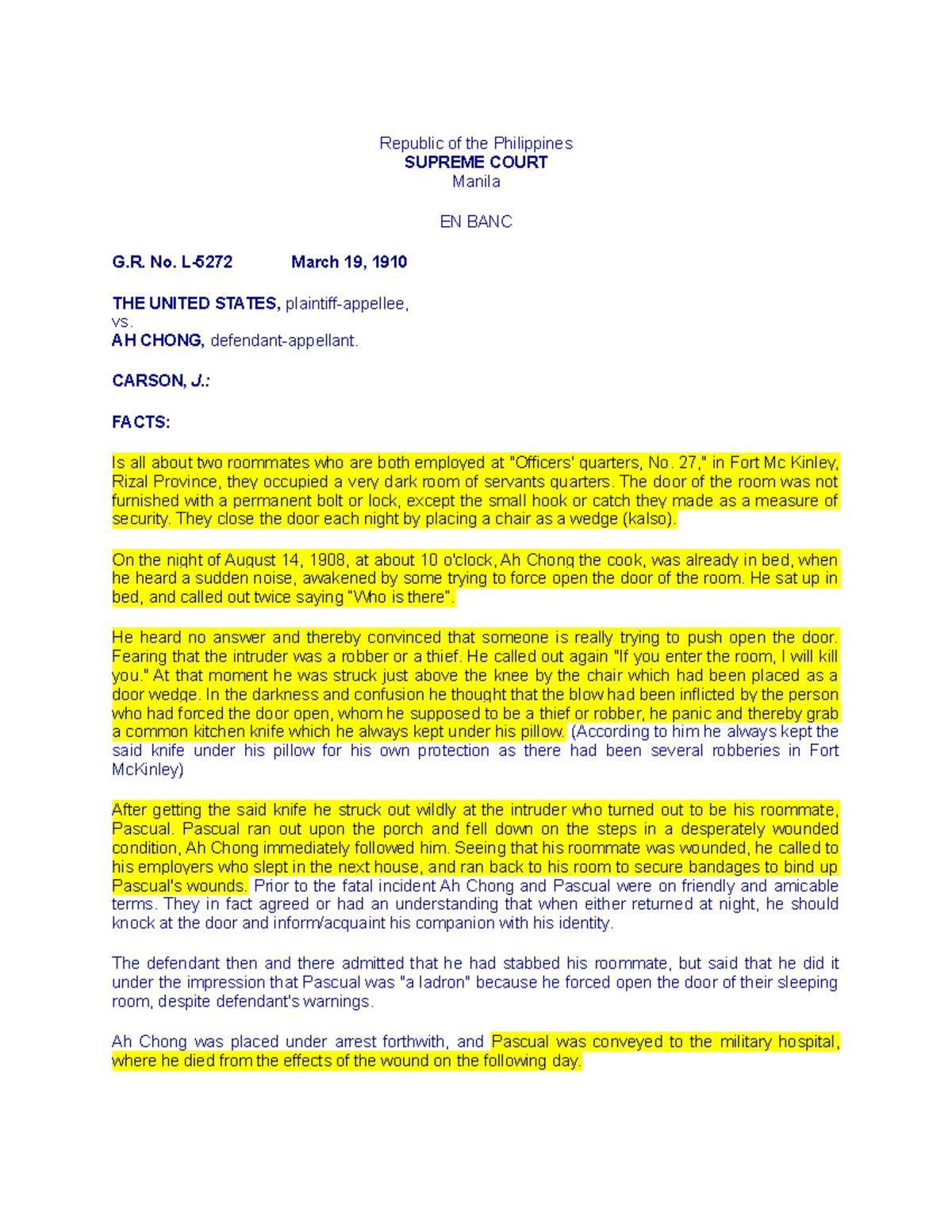 People vs Ah Chong - Case digest for classroom use - Republic of the ...