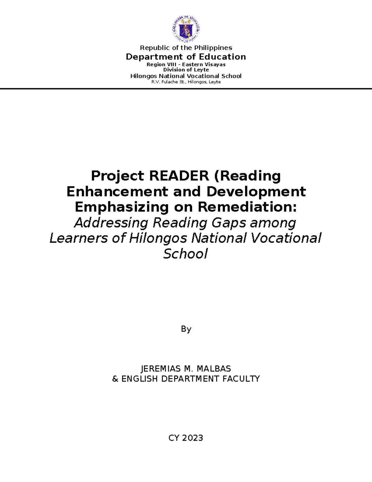 Reader project - Republic of the Philippines Department of Education ...