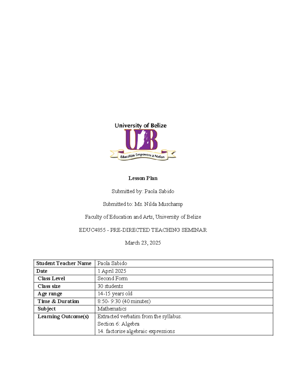 EDUC4855 Lesson Plan: Factorization Grouping in Mathematics - Studocu