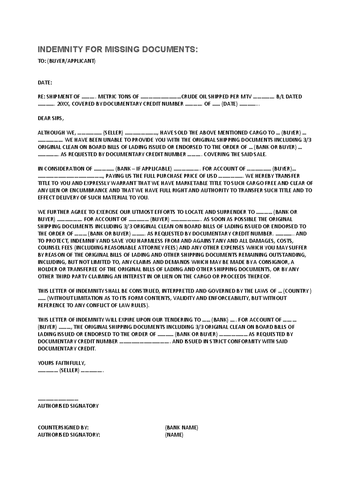 LOI Sample: Indemnity for Missing Shipping Documents - Studocu