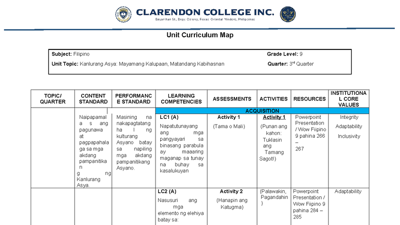 Q3 Filipino 9 Unit Curriculum Map: Kanlurang Asya Insights - Studocu