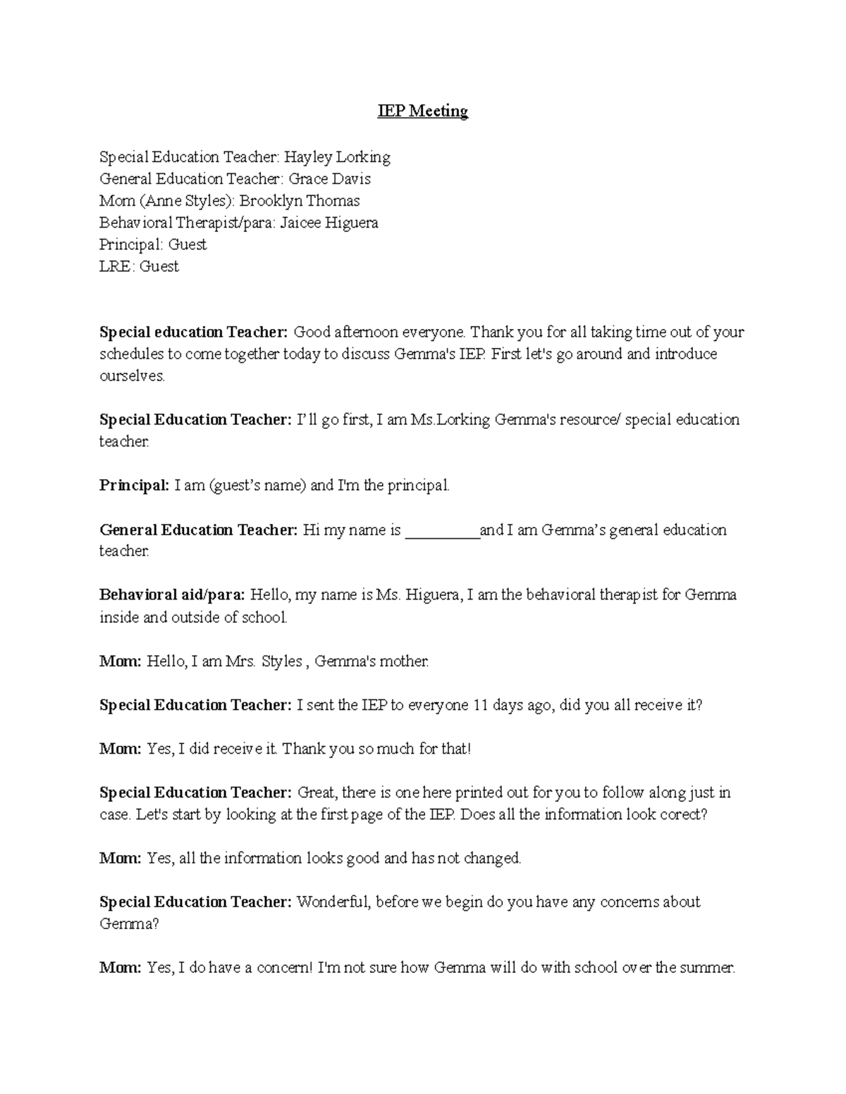 IEP Script finalized - IEP Meeting Special Education Teacher: Hayley ...