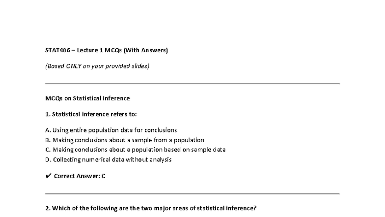 STAT406 Lecture 1 MCQs on Statistical Inference and Estimation - Studocu