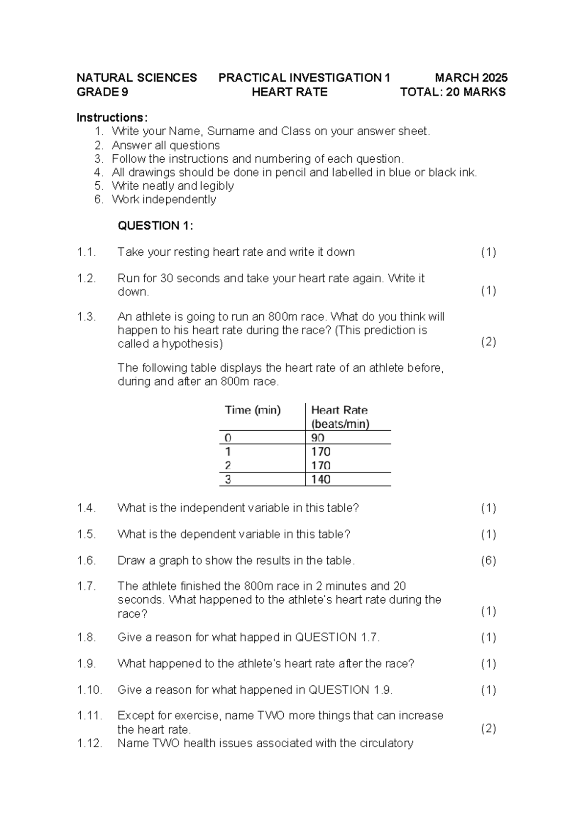 NATURAL SCIENCES GRADE 9 PRACTICAL INVESTIGATION: HEART RATE - Studocu