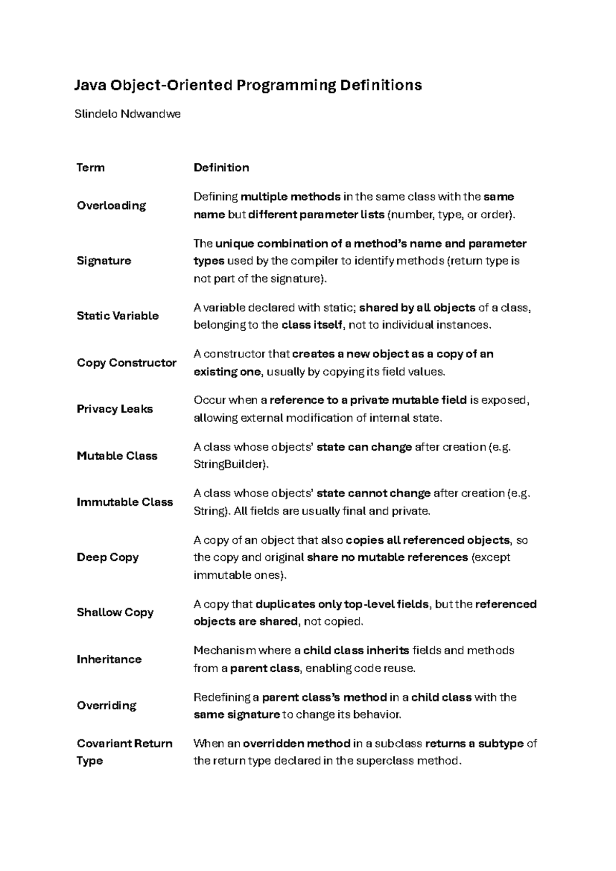 Java Programming OOP Definitions - Key Terms Explained - Studocu