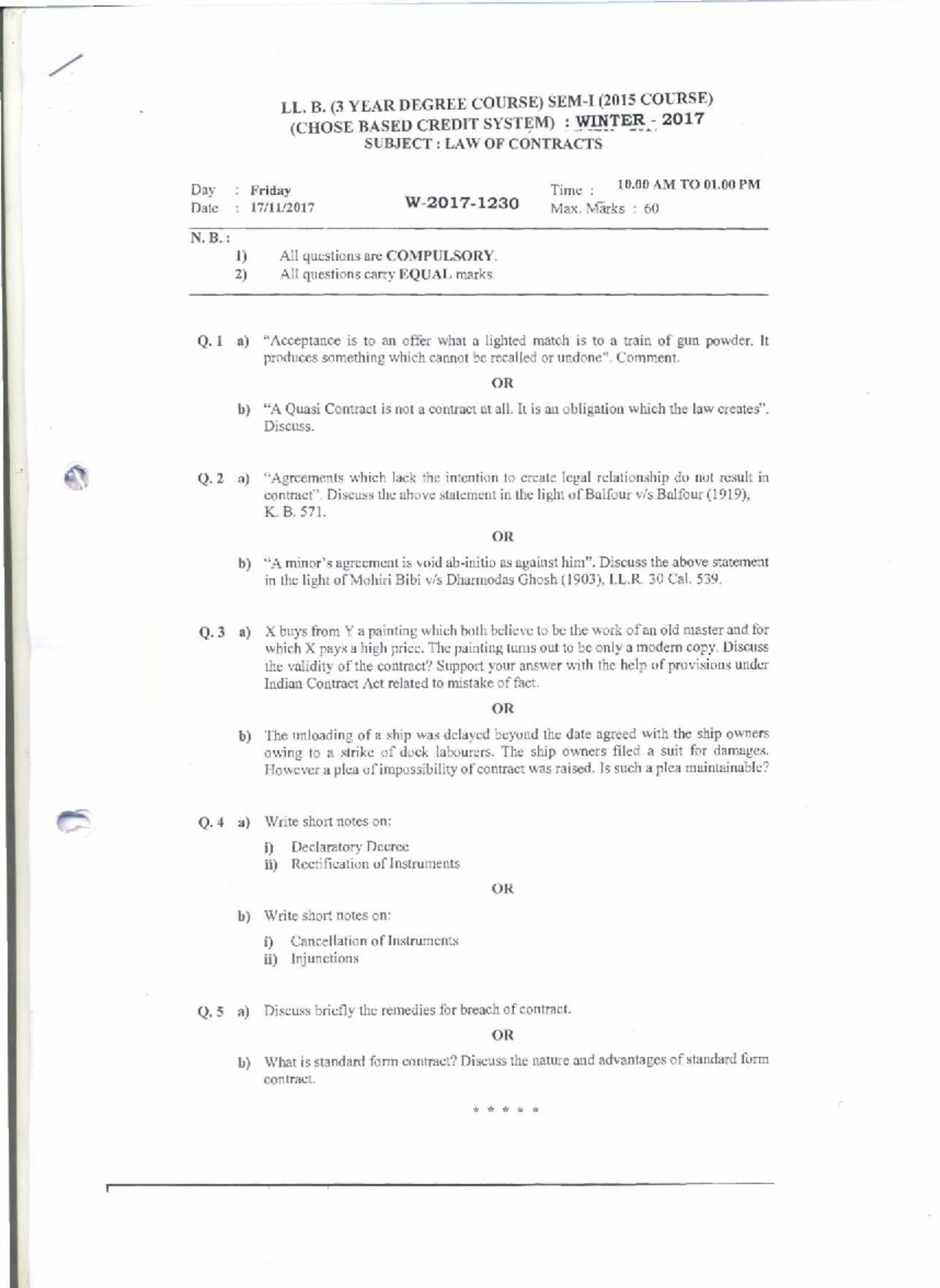 Winter 2017 LLB 1st Sem Exam Paper: Law of Contracts, Crimes, Language ...