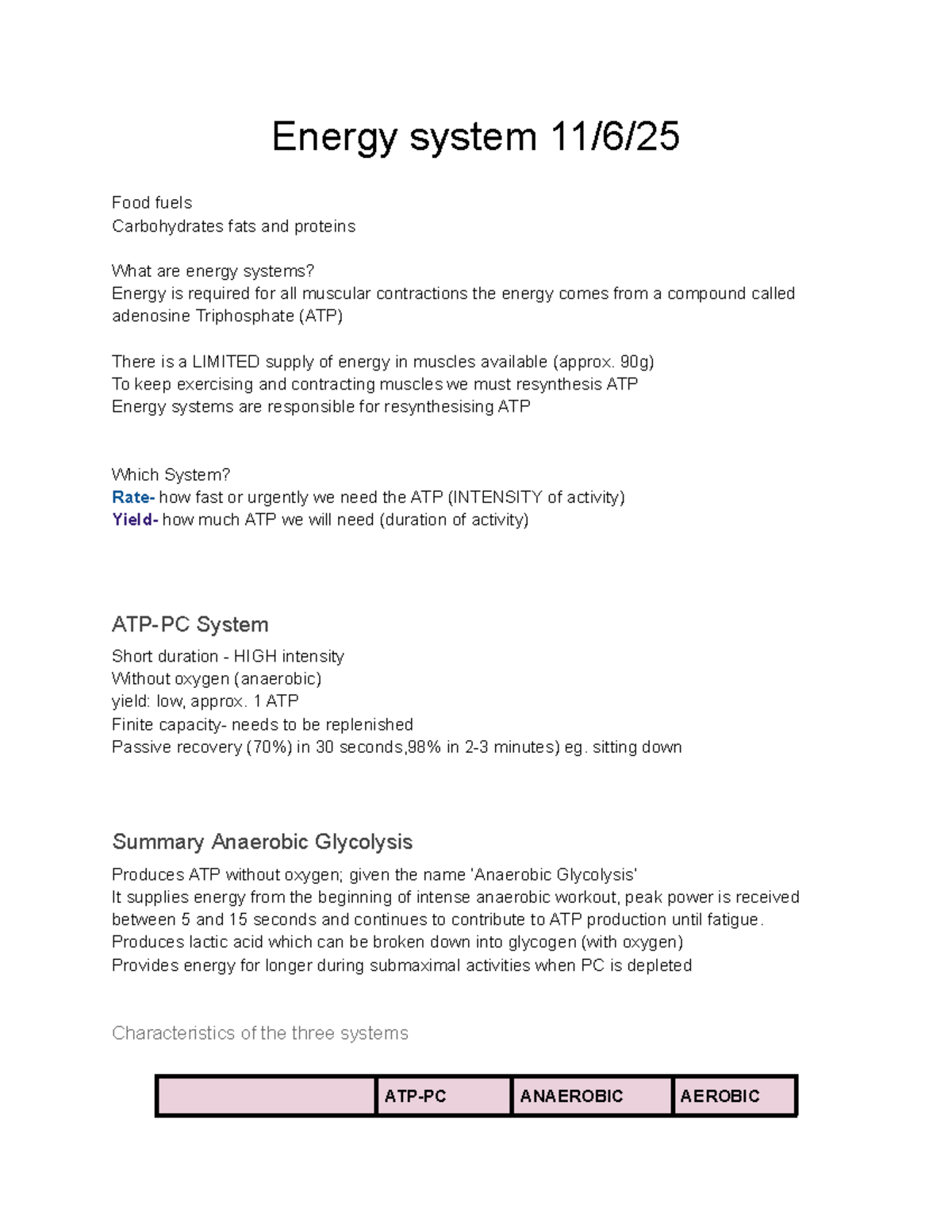 Energy Systems Overview: ATP-PC, Anaerobic Glycolysis, and Aerobic ...