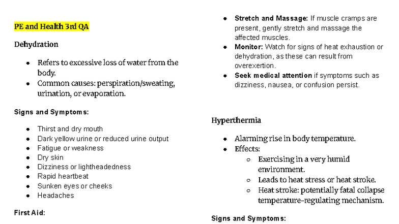 PE 3rd QA - Understanding Dehydration and Heat Stress First Aid - Studocu