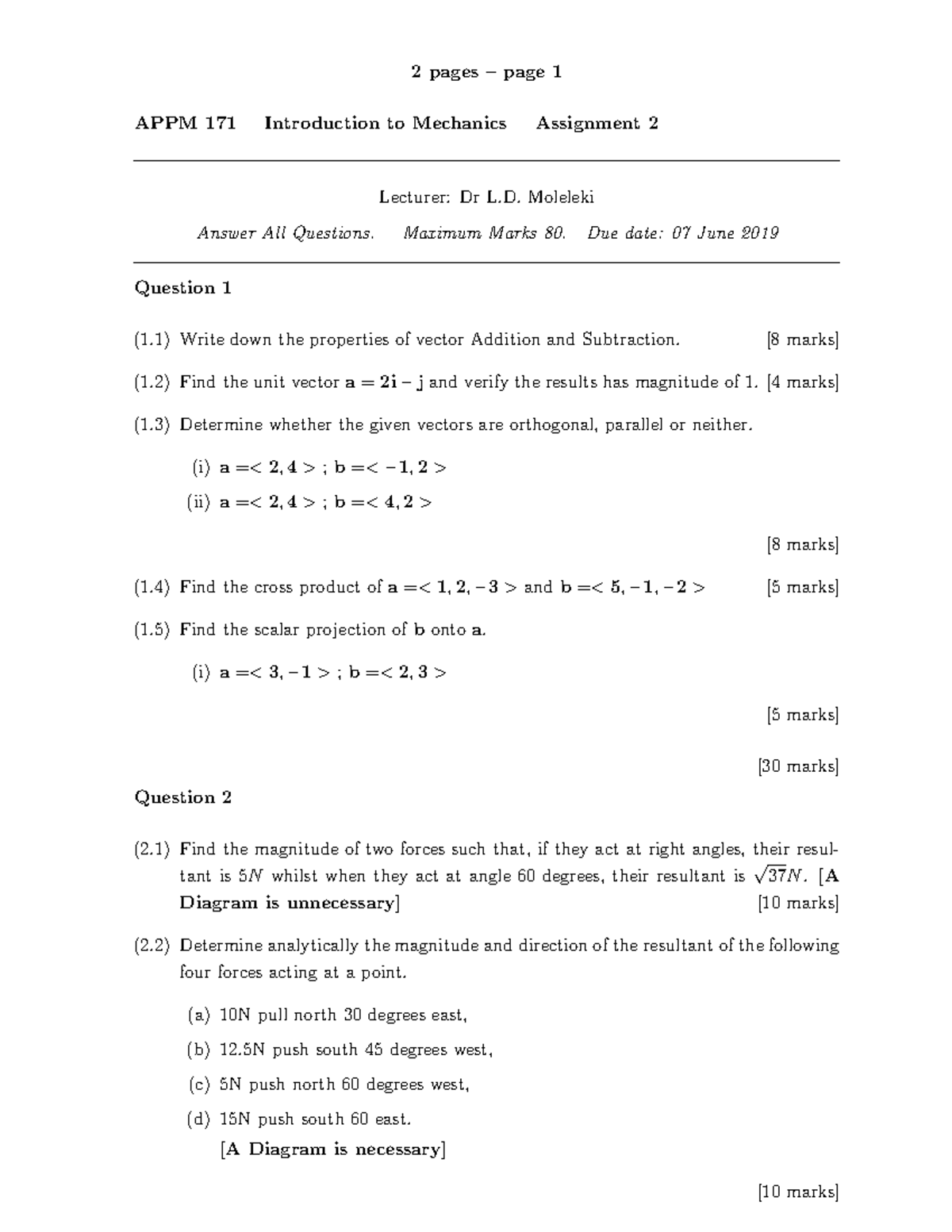 APPM 171 Assignment 2 2019: Mechanics Questions and Solutions - Studocu