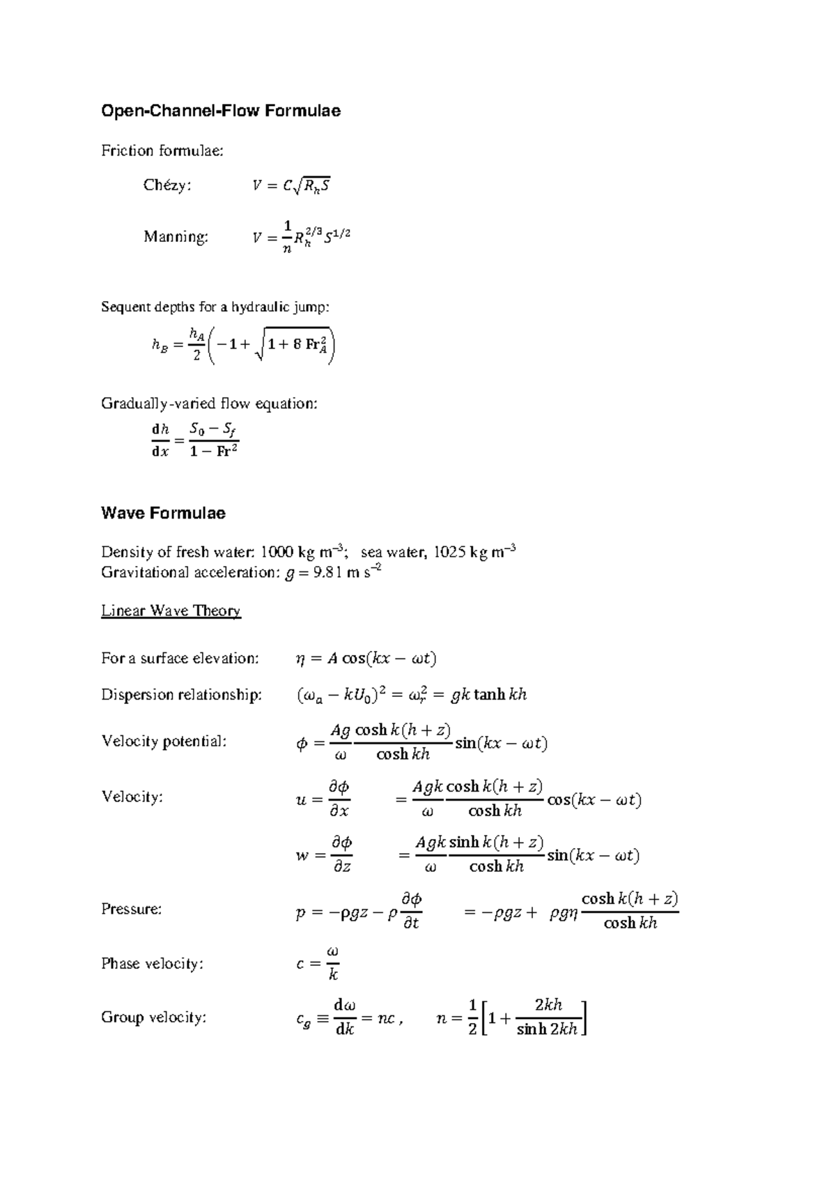 Hydraulic and Wave Formulae Sheet: Key Equations and Concepts - Studocu