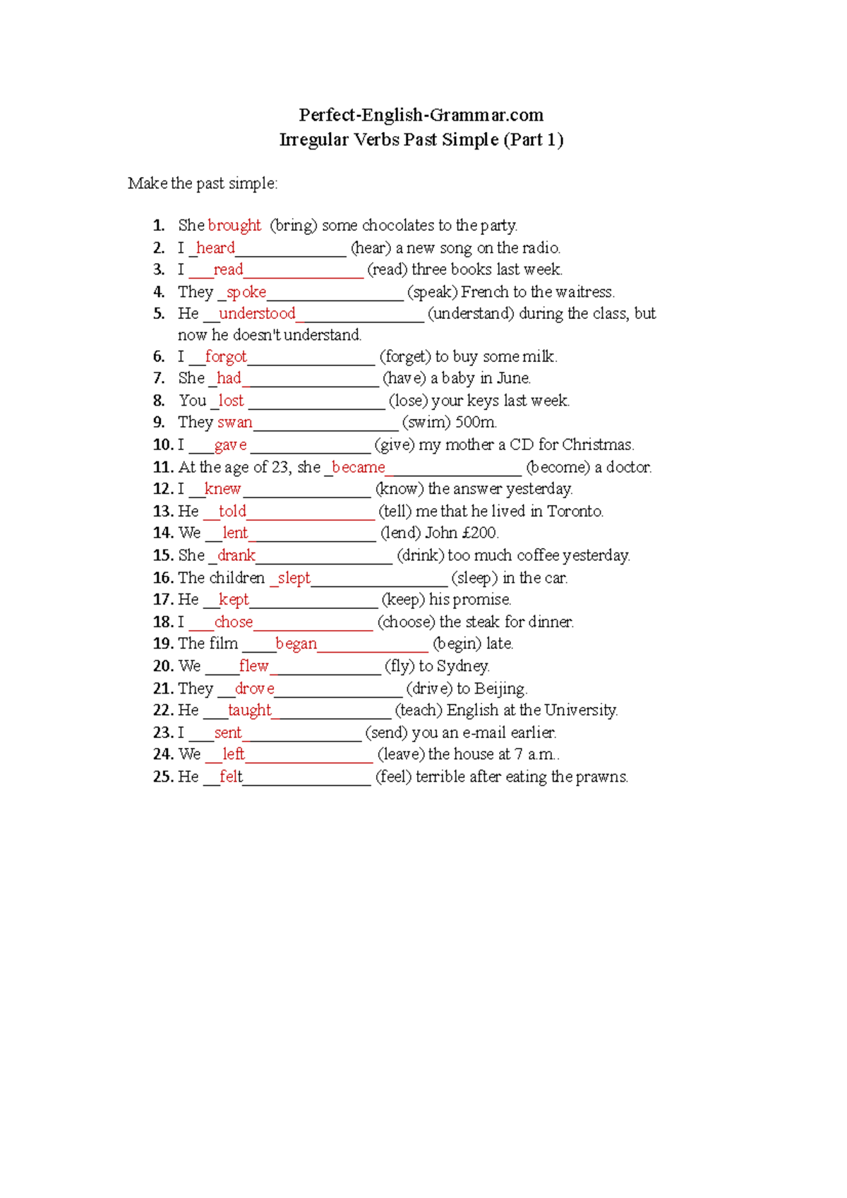 Exercise on Irregular Verbs Past Simple: Part 1 Guide - Studocu
