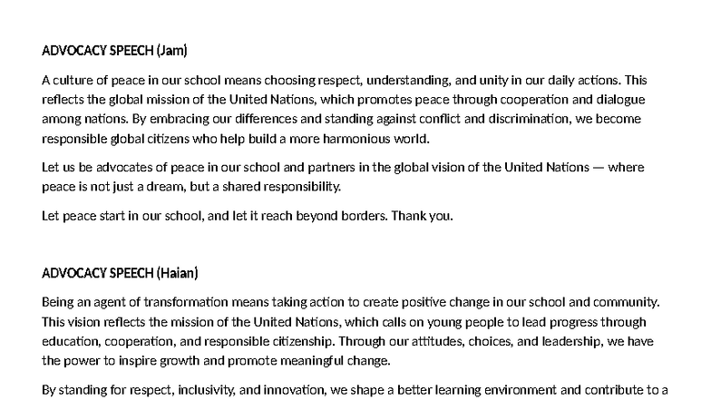 Advocacy Speech: Promoting Peace and Change in Our School - Studocu