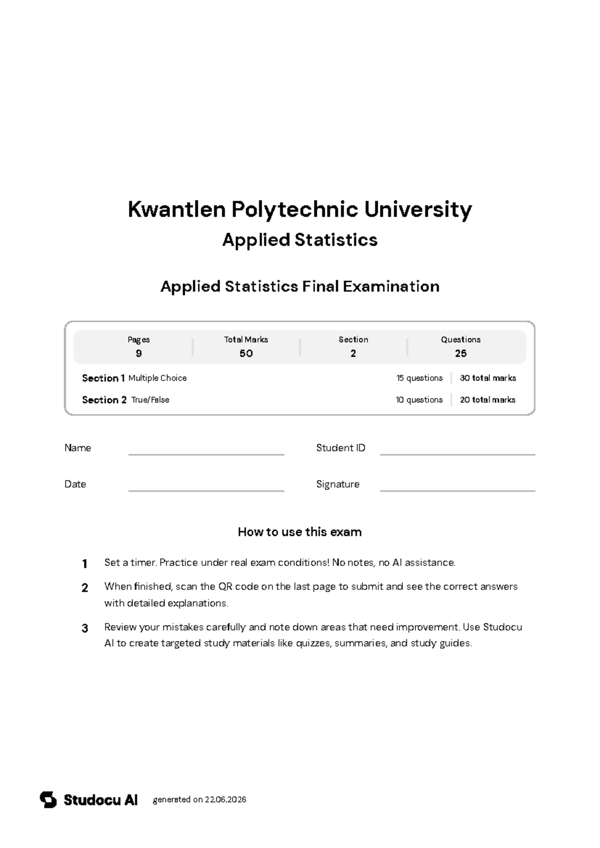 Applied Statistics Final Exam - Studocu