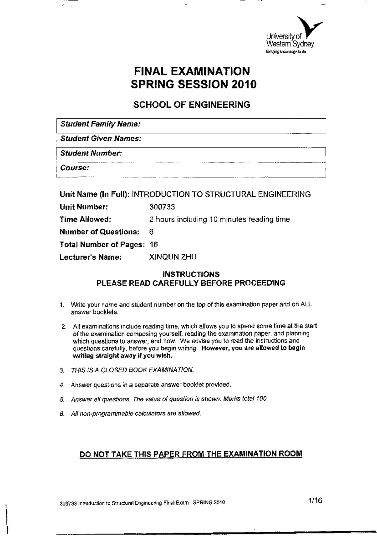 300733 Introduction To Structural Engineering (Final Exam ...