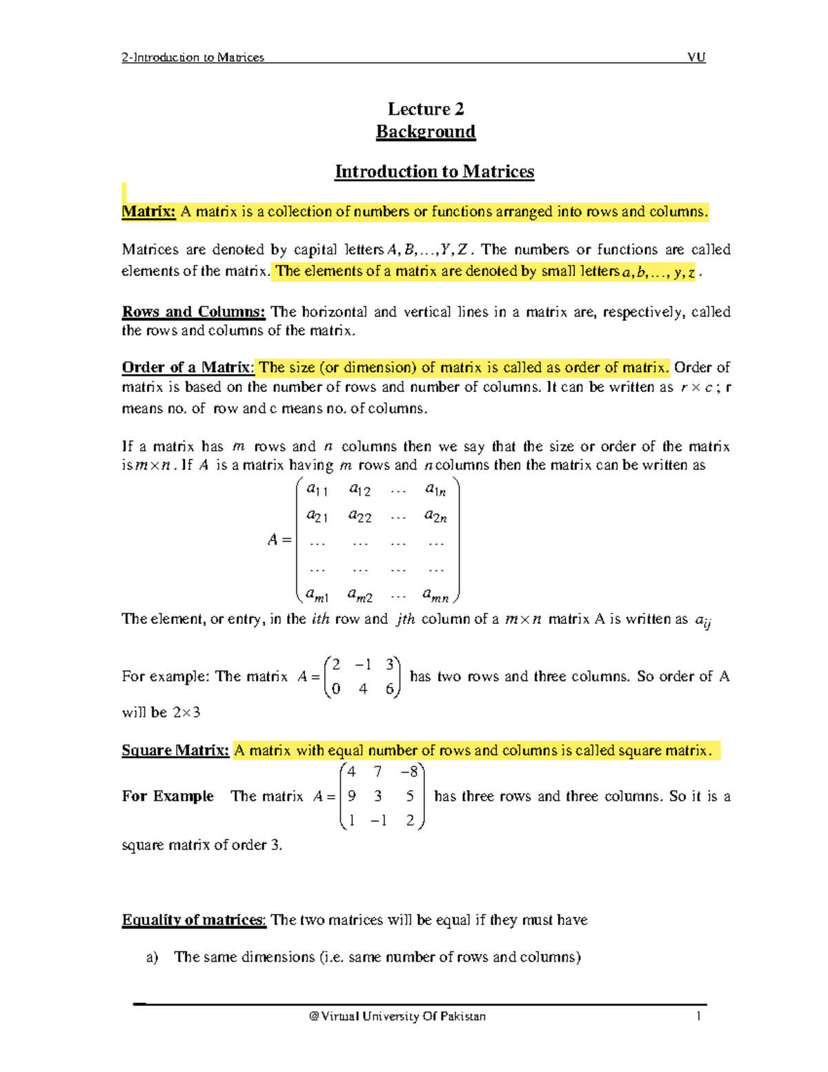 Lecture 02 - MTH 501: Introduction to Matrices and Their Properties ...