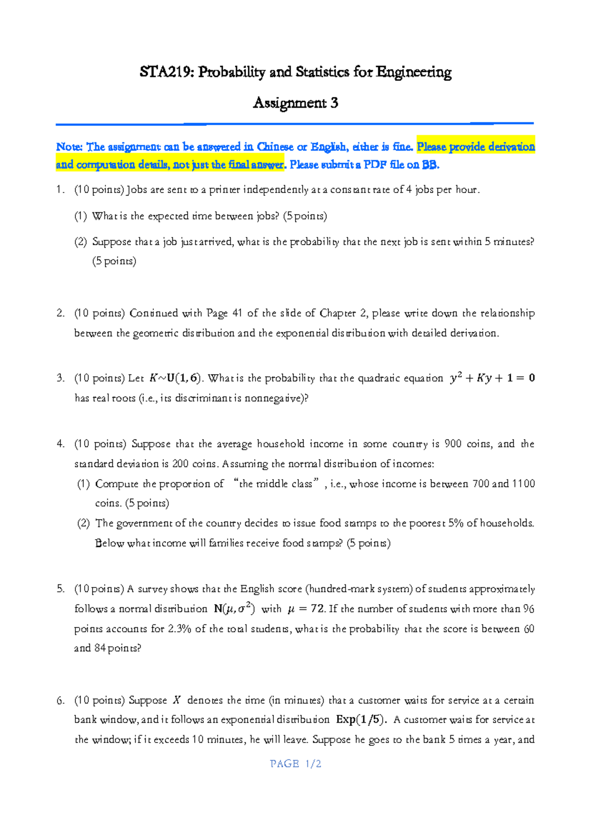 STA219: Assignment 3 - Probability & Statistics for Engineering - Studocu