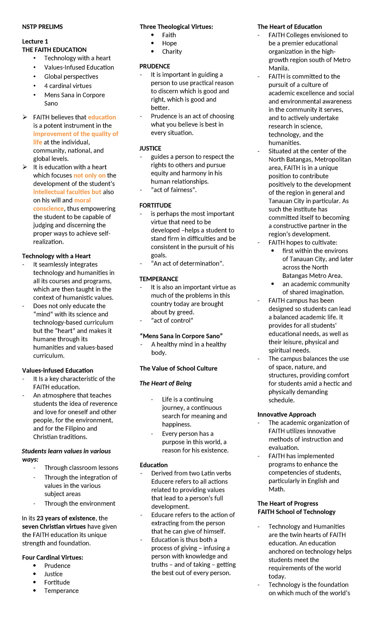 NSTP PRELIMS Lecture 1: Faith Education & Core Values Overview - Studocu