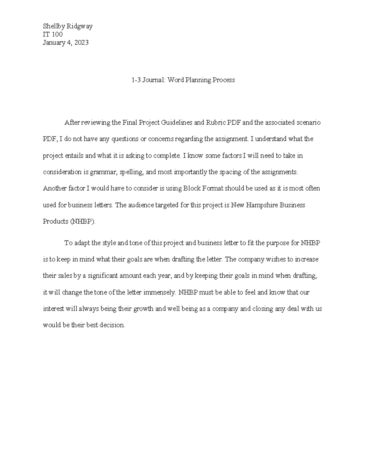 Shell Ridgway IT 100 Final Project Journal: Word Planning Process - Studocu