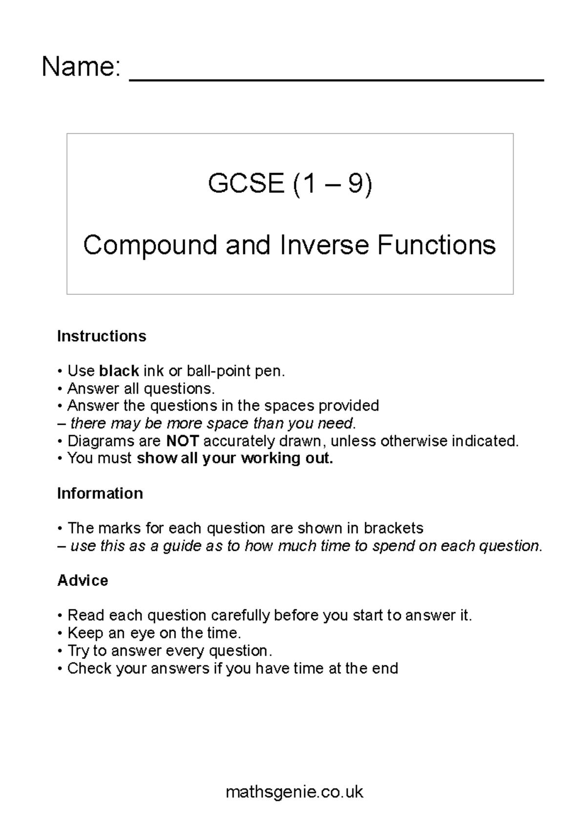 GCSE (1 9) Compound & Inverse Functions Practice Questions - Studocu