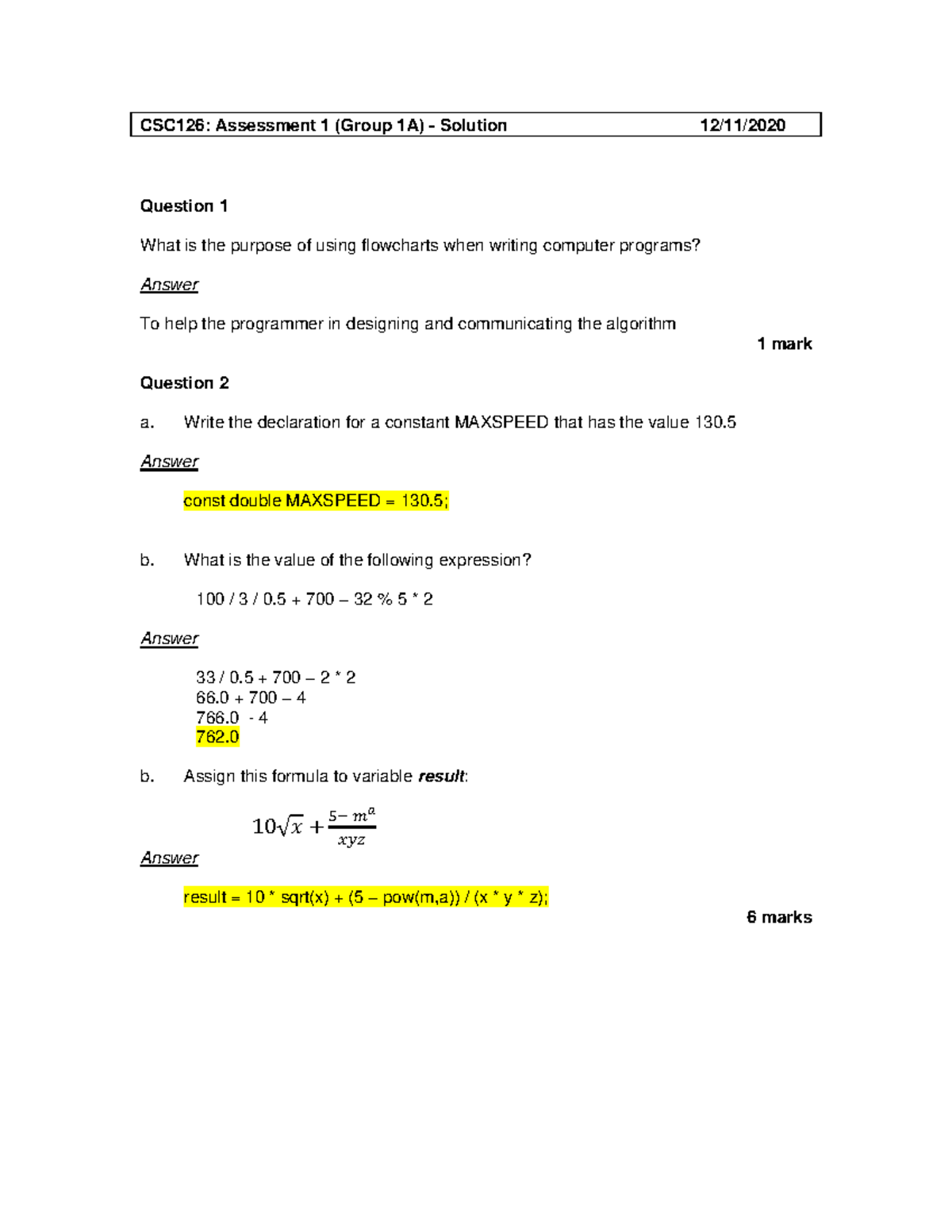 CSC126 Assessment 1-October 2020-solution - CSC 126 : Assessment 1 (Group 1A) - Solution 12 / 11 ...