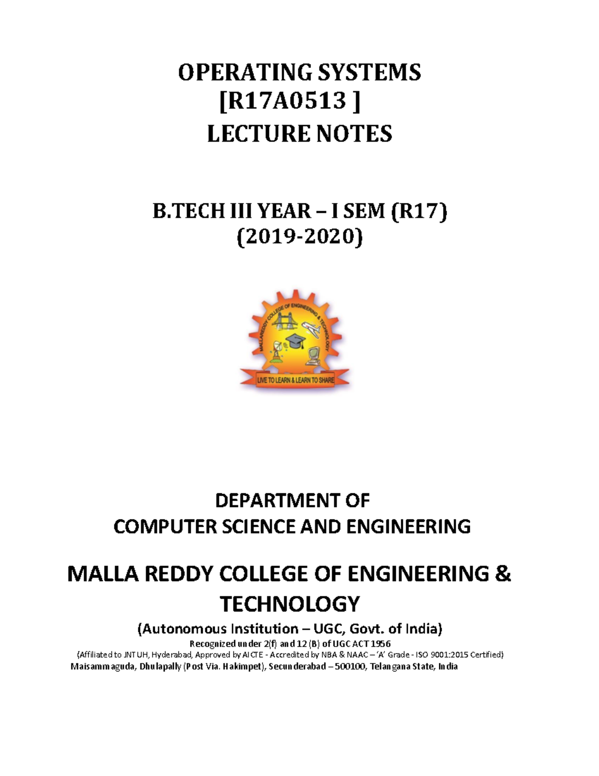 Operating Systems Lecture Notes: Memory Management Focus (R17A0513 ...
