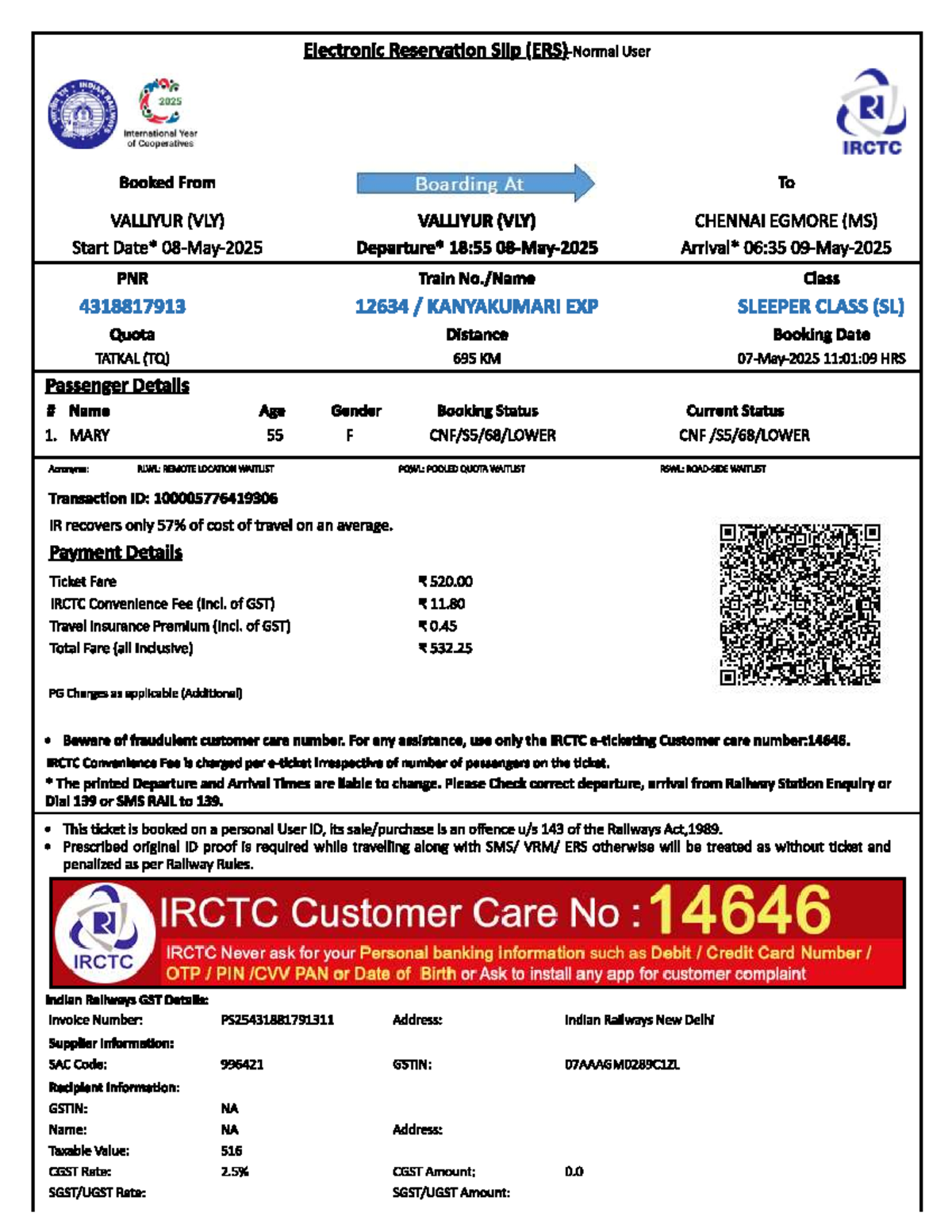 ERS Ticket Confirmation for Kanyakumari Exp (12634) - VLY to MS - Studocu