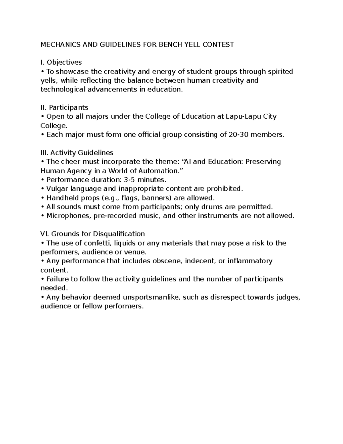 MECHANICS & GUIDELINES FOR BENCH YELL CONTEST I - Studocu