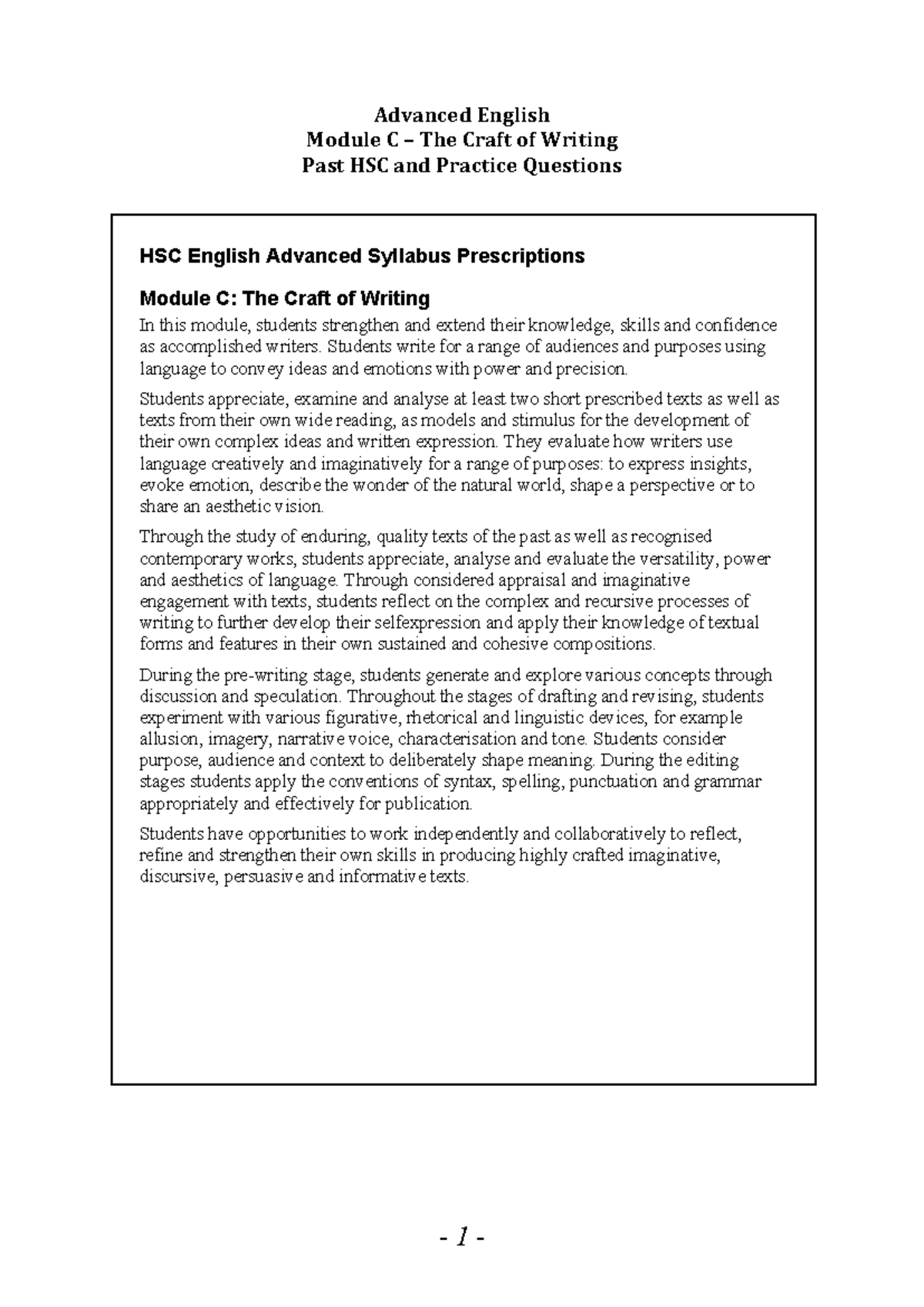 HSC Advanced English Mod C: Craft of Writing Past Qs 2019-2023 - Studocu