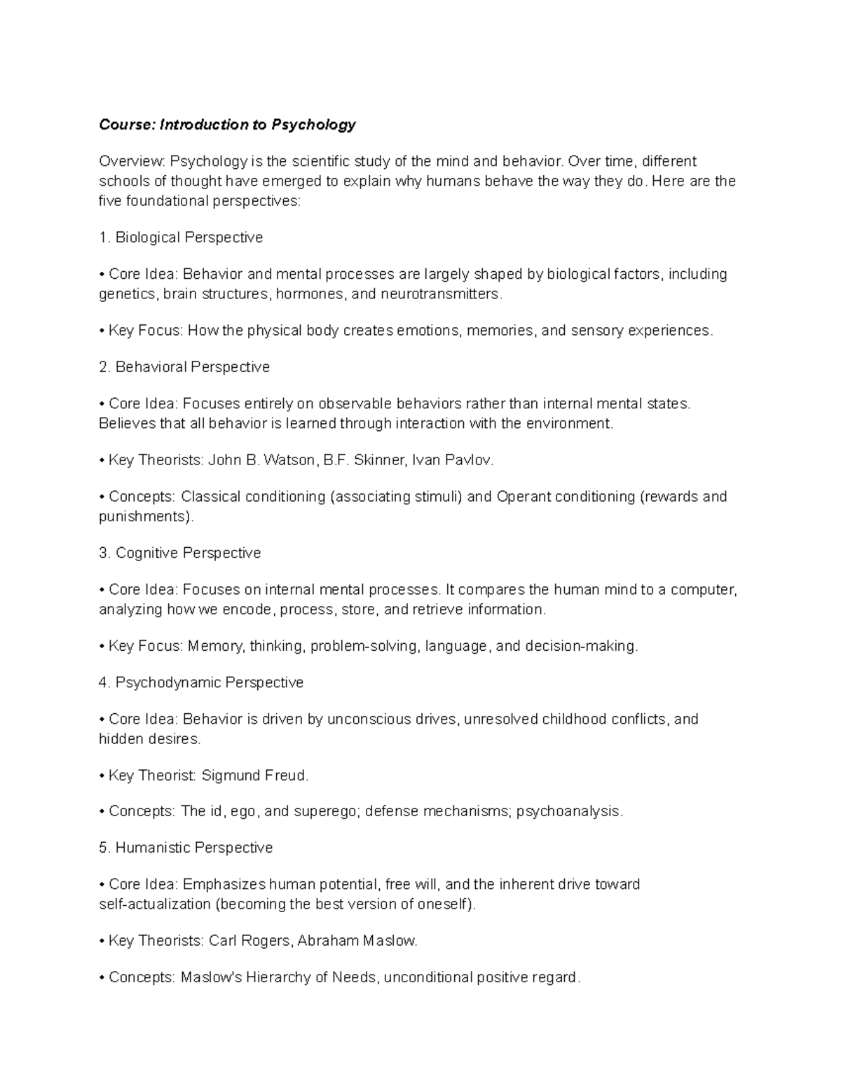 Study Guide: Intro to Psychology - 5 Major Perspectives - Studocu