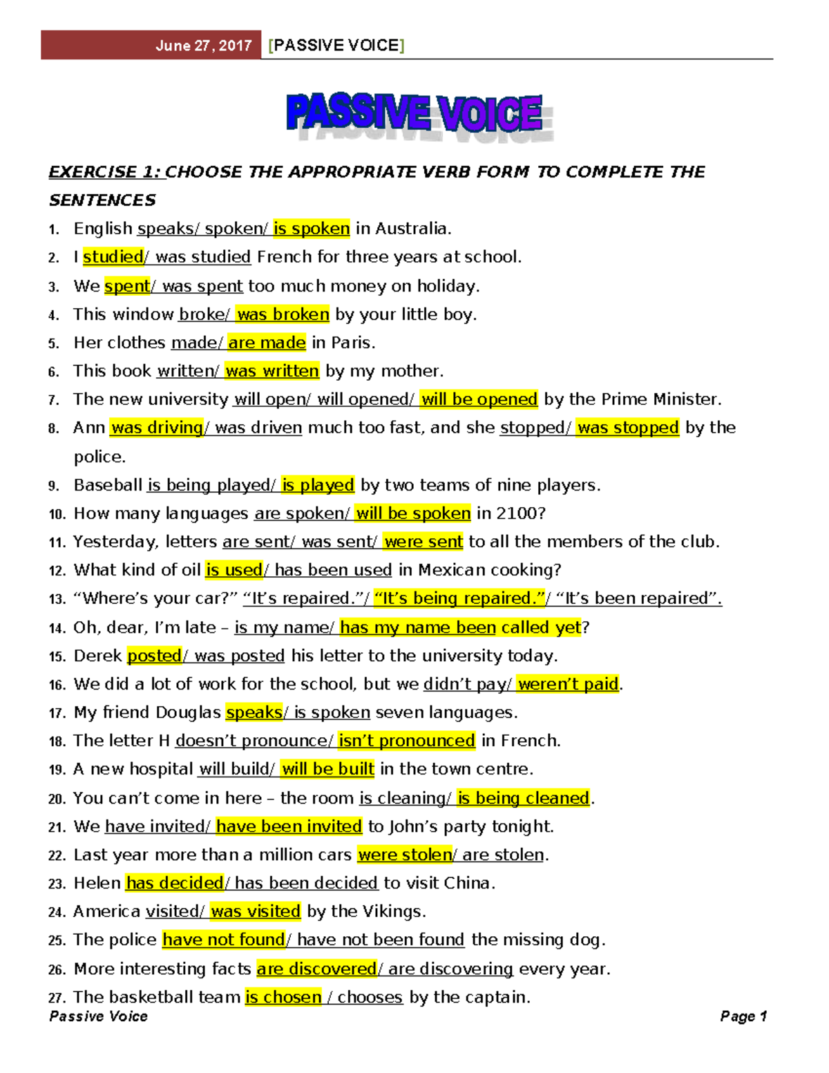 Passive Voice Exercises (Basic) - More Practice (2021) - Studocu