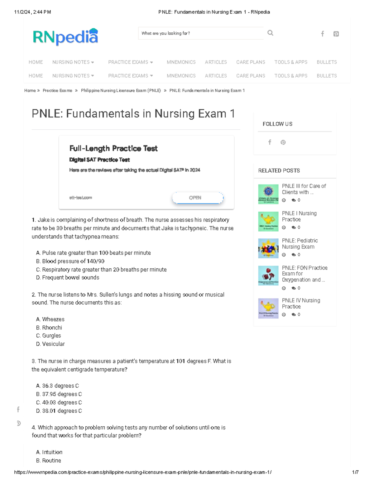 PNLE: Fundamentals in Nursing Exam 1 Review and Practice Questions ...