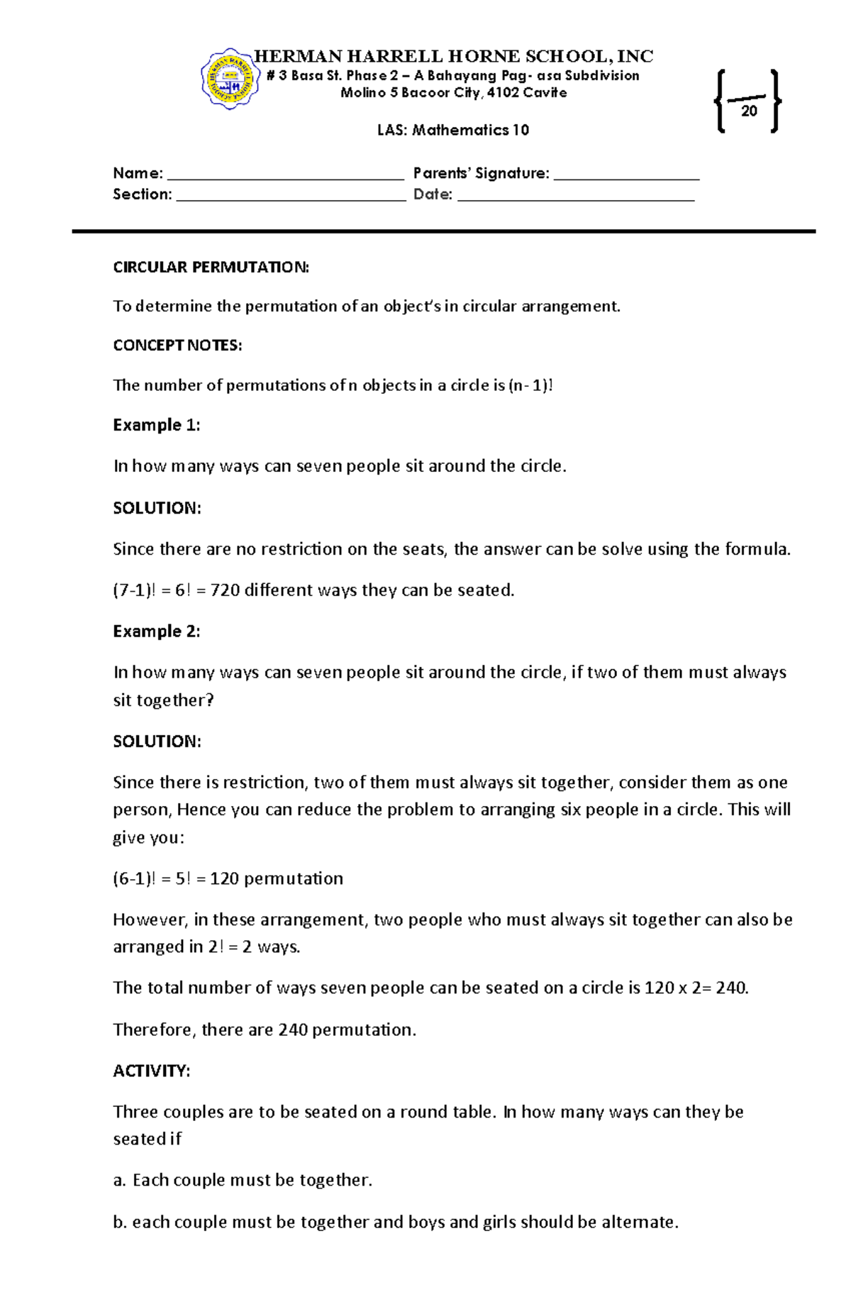 LAS-Math-10 2 - This is a mathematical mock exam - HERMAN HARRELL HORNE ...