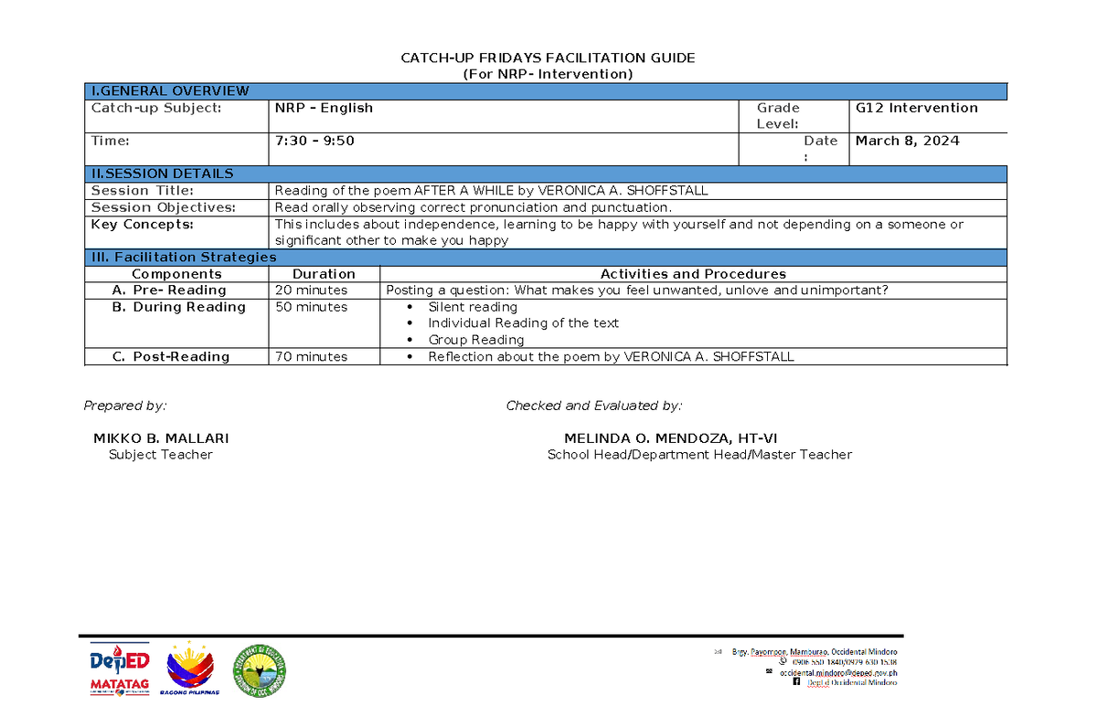 S3 after a while - lesson plan - CATCH-UP FRIDAYS FACILITATION GUIDE ...
