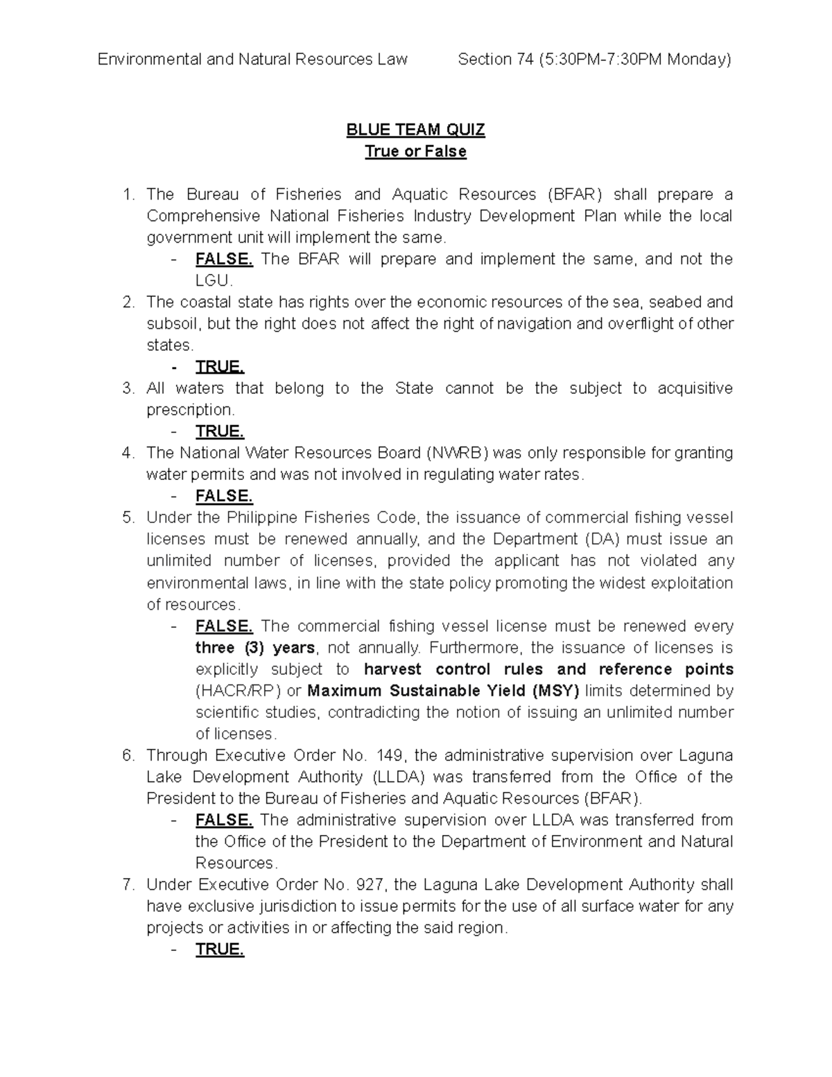 ENR 74: Blue Team Quiz on Environmental Law - True or False - Studocu