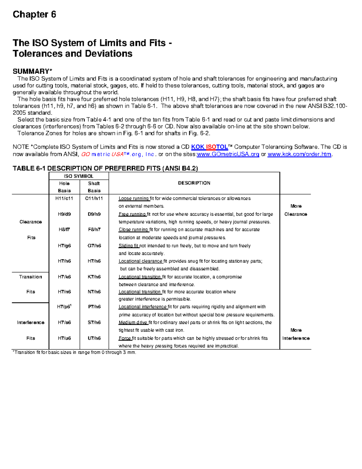 ISO Hole and Shaft Tolerance Chart (ANSI B4.2) - Chapter 6 Overview ...