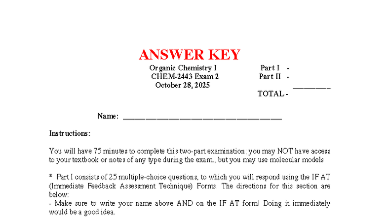 CHEM-2443 Organic Chemistry I Exam 2 Answer Key - Studocu