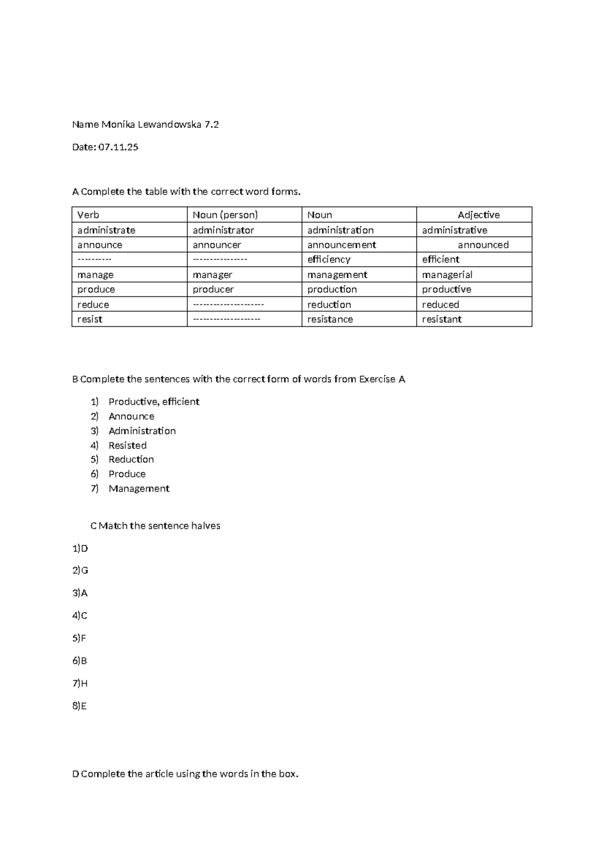 Worksheets 39 - 7.5: Word Forms and Sentence Completion Exercises - Studocu