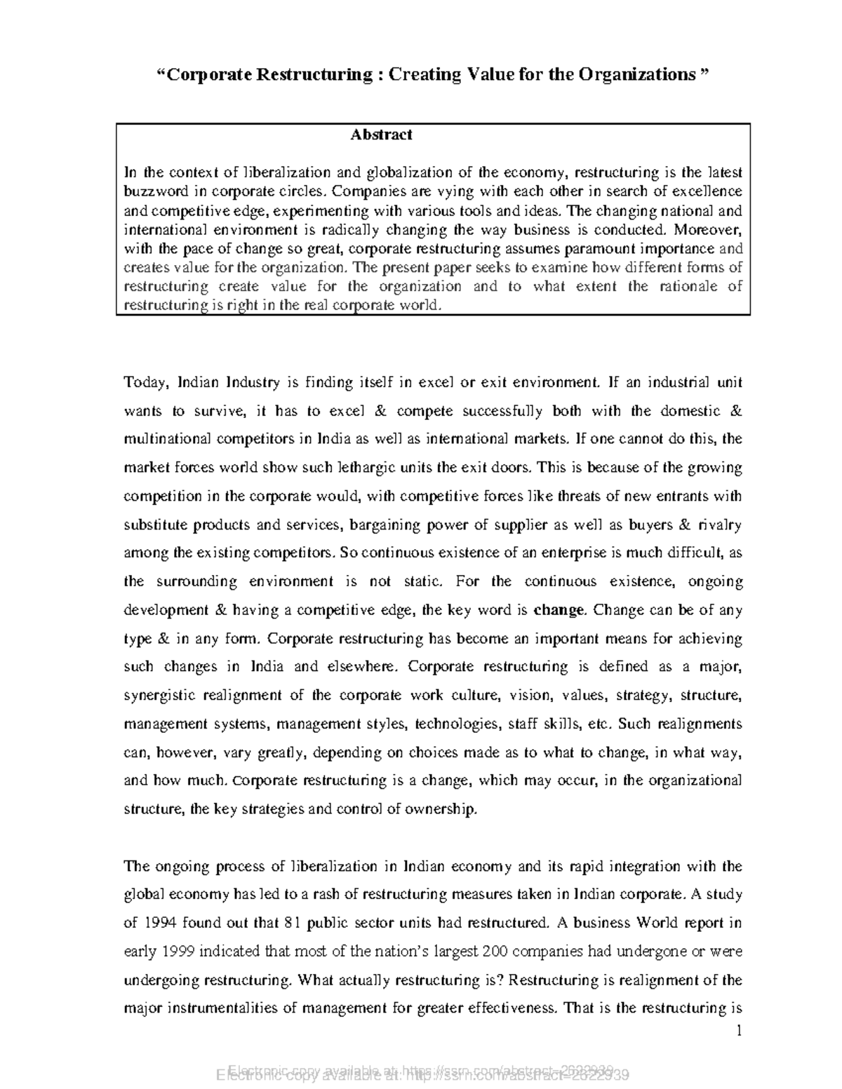 Corporate Restructuring: Creating Value for Organizations - Studocu